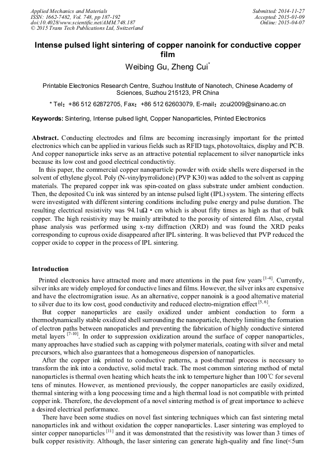 Intense Pulsed Light Sintering of Copper Nanoink for Conductive Copper ...