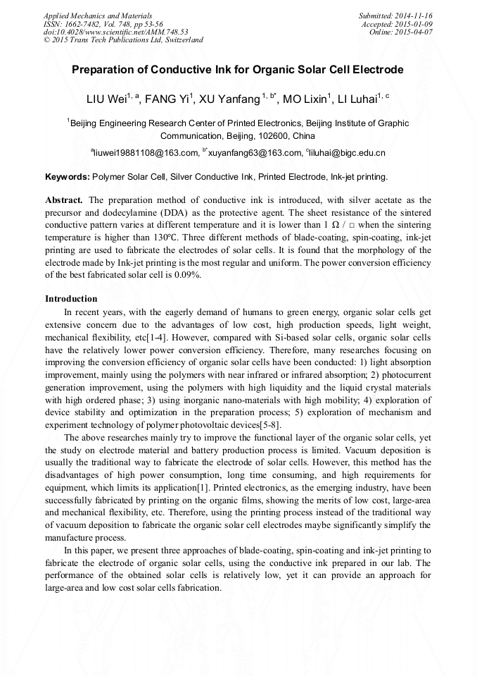 Preparation of Conductive Ink for Organic Solar Cell Electrode ...