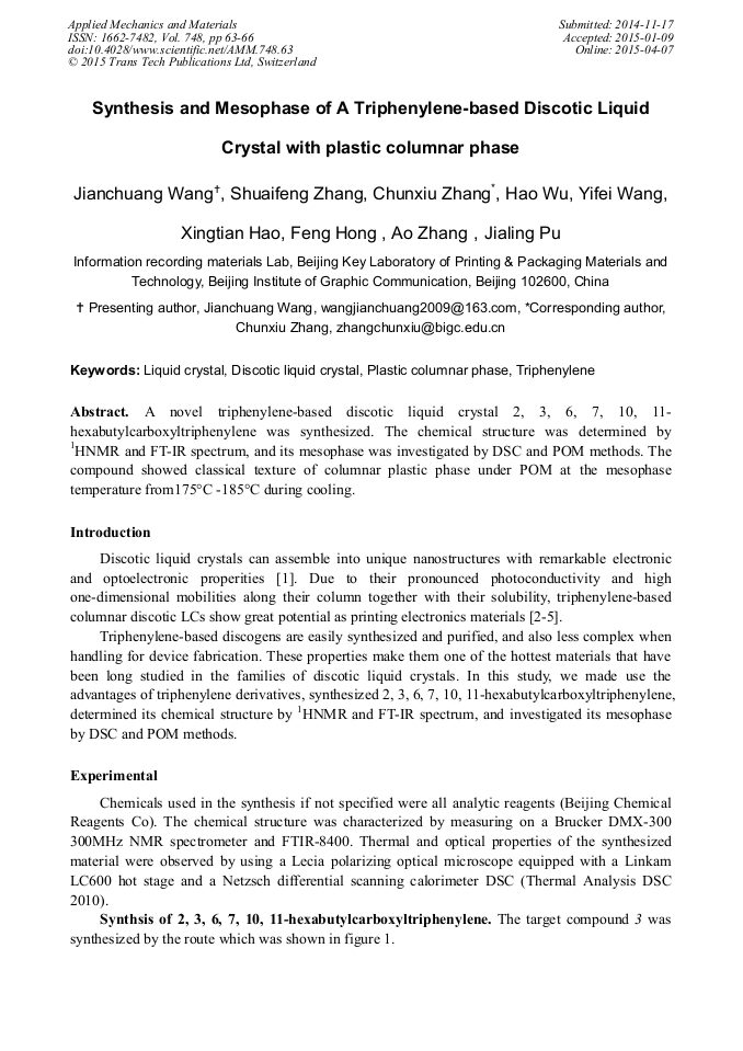 Synthesis and Mesophase of a Triphenylene-Based Discotic Liquid Crystal ...