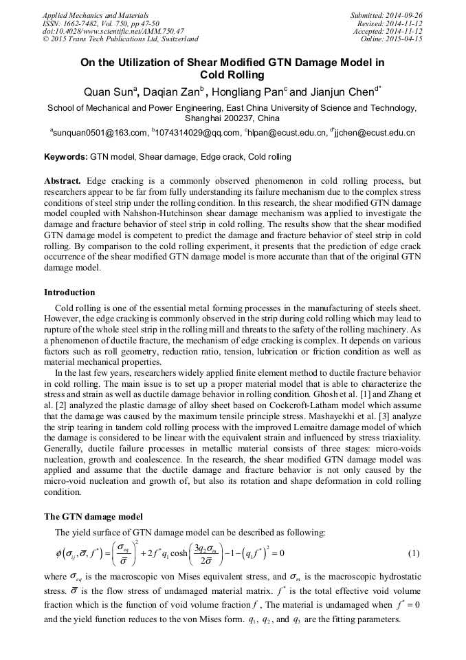 On the Utilization of Shear Modified GTN Damage Model in Cold Rolling ...