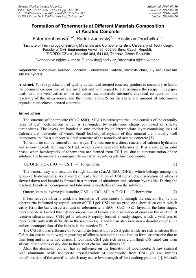 Formation of Tobermorite at Different Materials Composition of Aerated ...