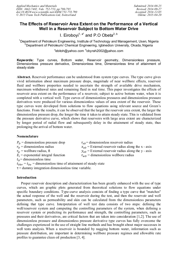 The Effects of Reservoir Area Extent on the Performance of a Vertical ...