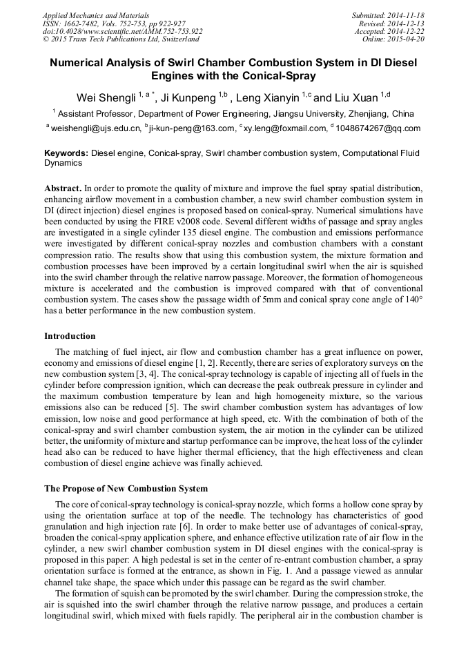 Numerical Analysis of Swirl Chamber Combustion System in DI Diesel ...