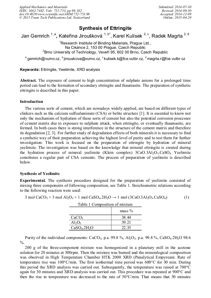 Synthesis of Ettringite | Scientific.Net