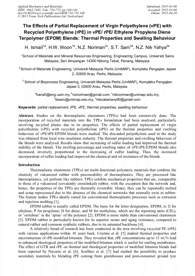 The Effects of Partial Replacement of Virgin Polyethylene (vPE) with ...