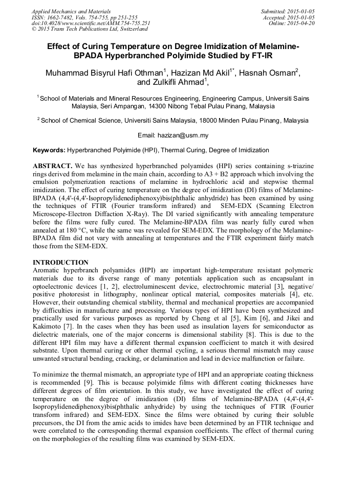 Effect of Curing Temperature on Degree Imidization of Melamine-BPADA ...
