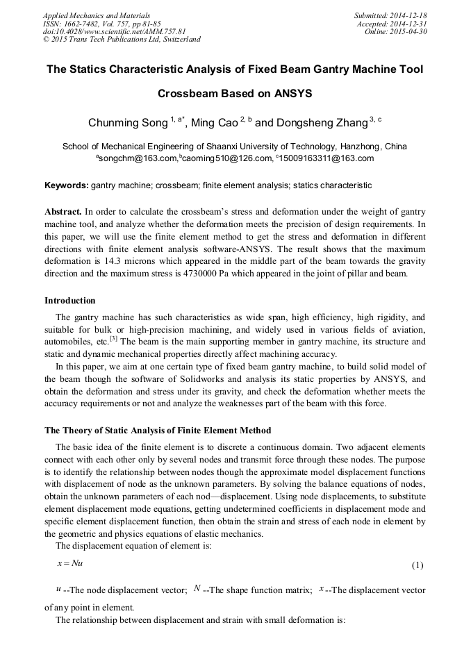 The Statics Characteristic Analysis of Fixed Beam Gantry Machine Tool ...