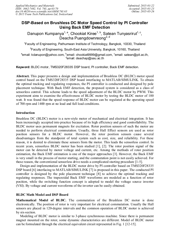 DSP-Based on Brushless DC Motor Speed Control by PI Controller Using ...