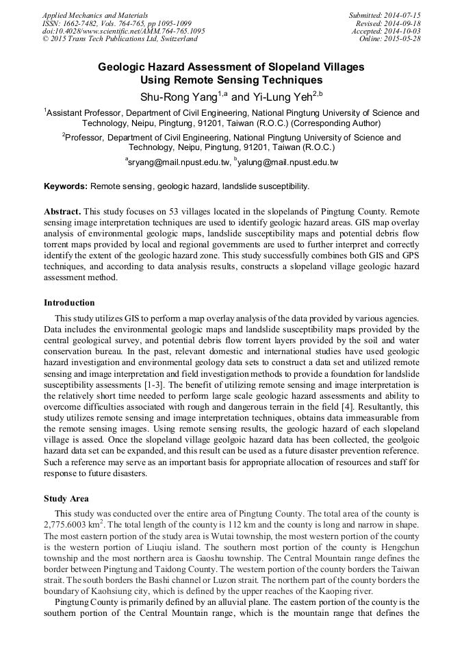 Geologic Hazard Assessment of Slopeland Villages Using Remote Sensing ...