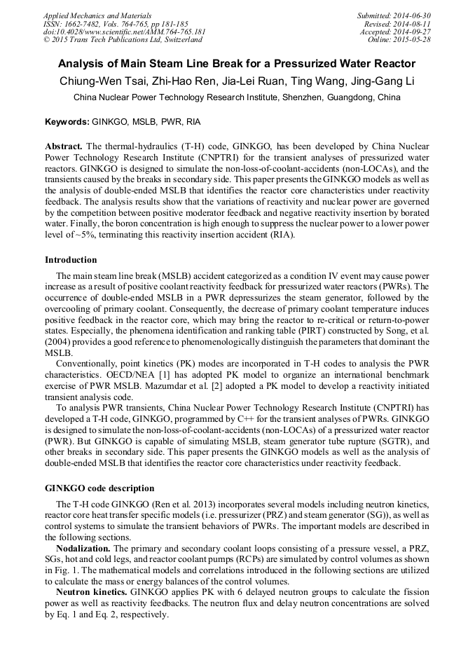 Analysis of Main Steam Line Break for a Pressurized Water Reactor ...