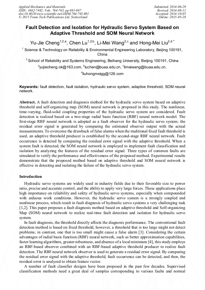 Fault Detection and Isolation for Hydraulic Servo System Based on Adaptive Threshold and SOM ...