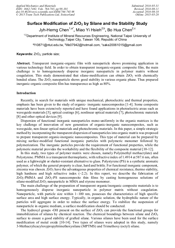 Surface Modification of ZrO2 by Silane and the Stability Study ...