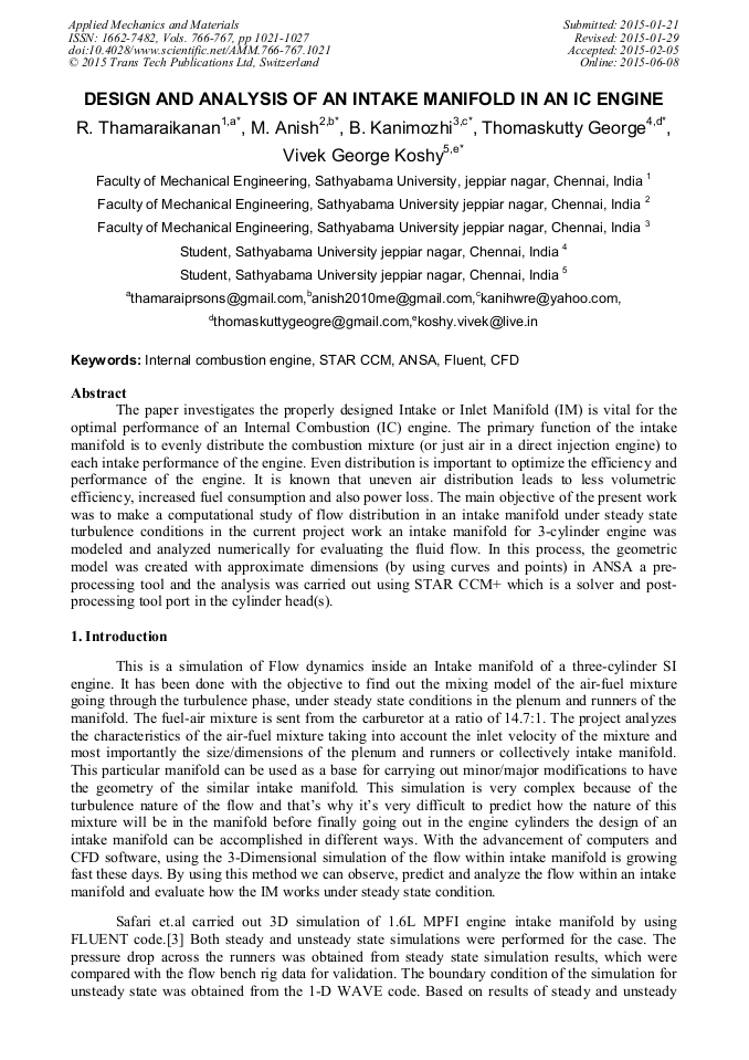 Design and Analysis of an Intake Manifold in an IC Engine | Scientific.Net