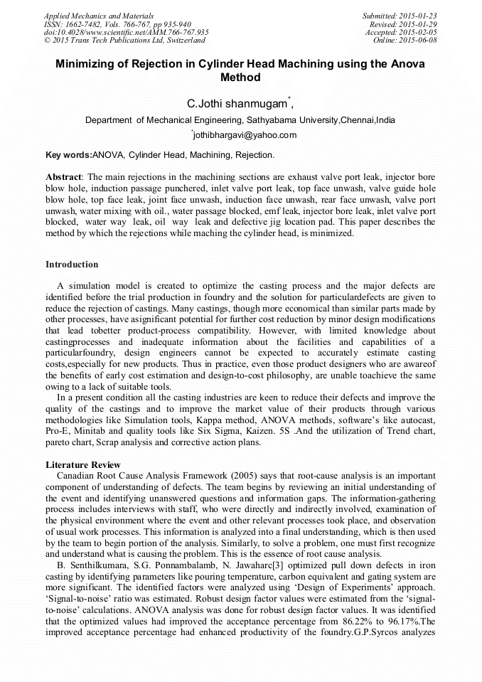 Minimizing of Rejection in Cylinder Head Machining Using the Anova ...