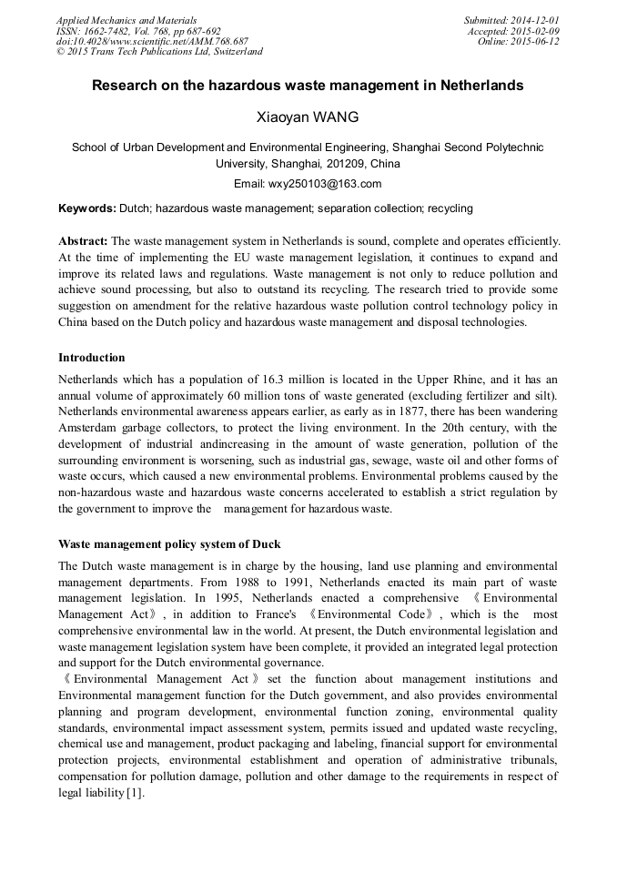 Research on the Hazardous Waste Management in Netherlands | Scientific.Net