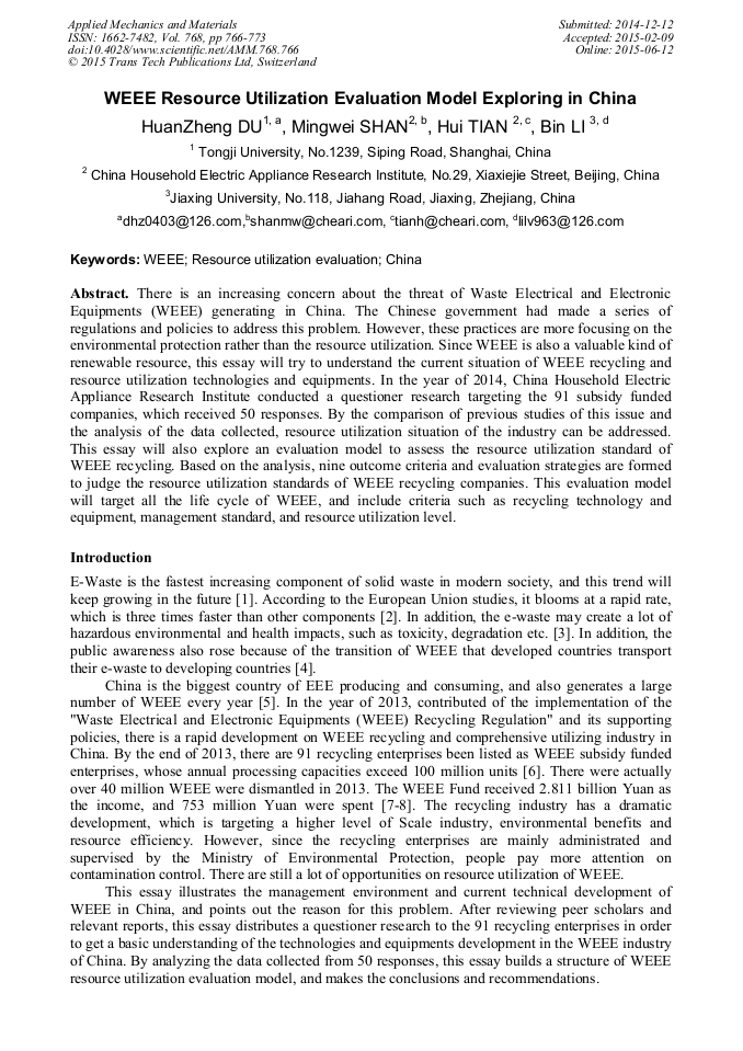 WEEE Resource Utilization Evaluation Model Exploring in China ...