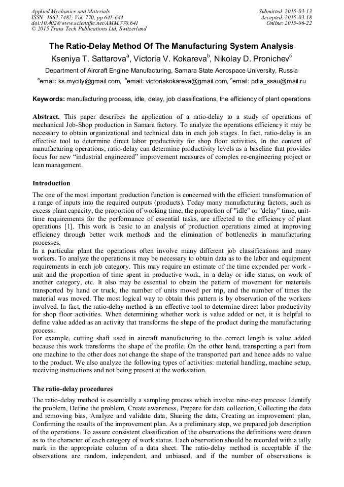 The Ratio-Delay Method of the Manufacturing System Analysis ...