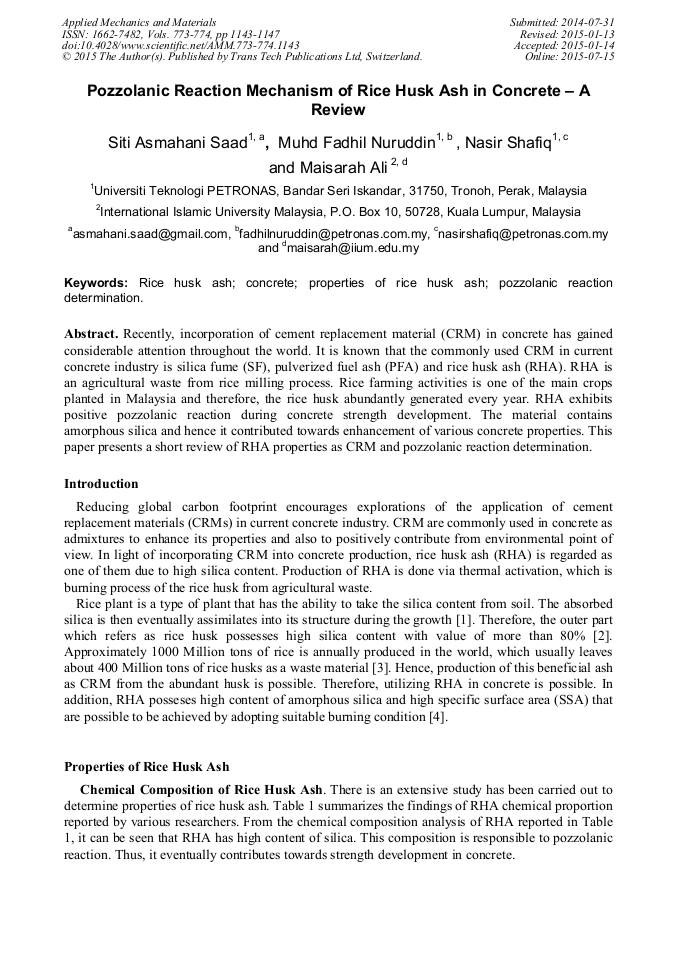 Pozzolanic Reaction Mechanism of Rice Husk Ash in Concrete – A Review ...