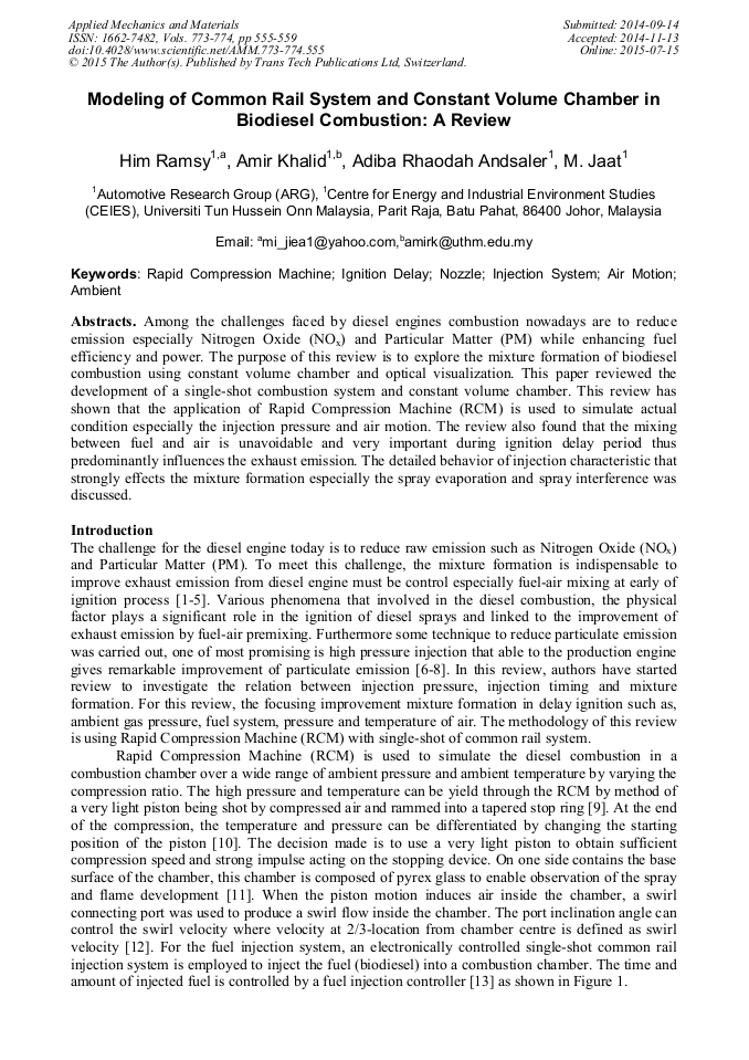 Modeling of Common Rail System and Constant Volume Chamber in Biodiesel ...