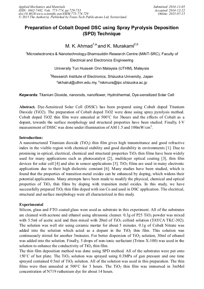 Preparation of Cobalt Doped DSC Using Spray Pyrolysis Deposition (SPD ...