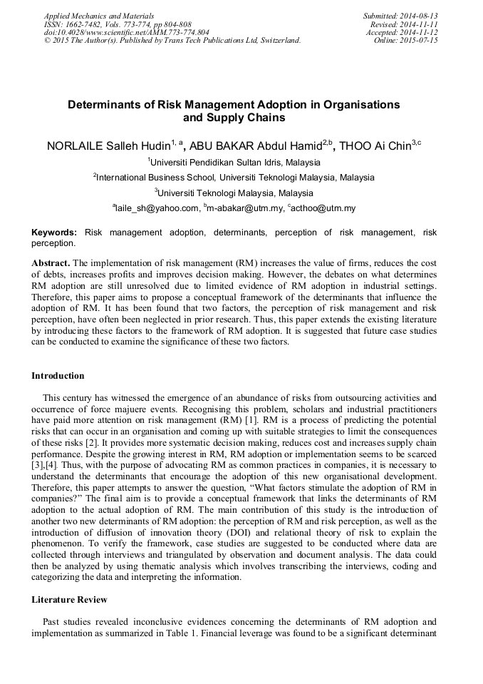 Determinants of Risk Management Adoption in Organisations and Supply ...