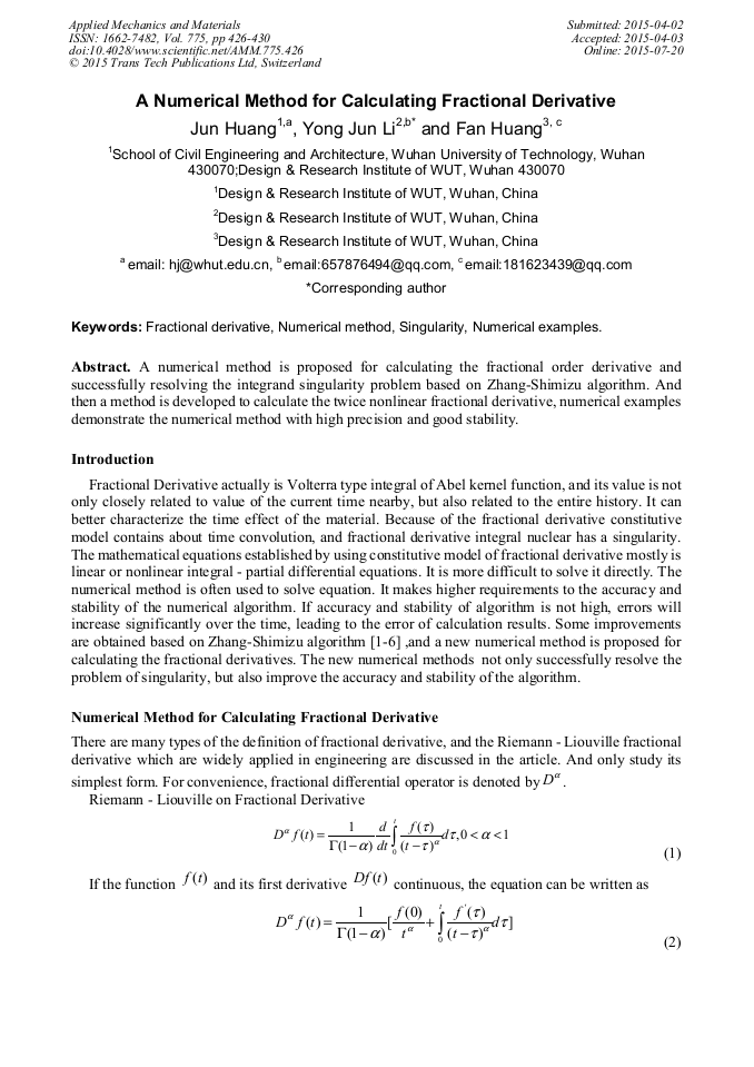 A Numerical Method for Calculating Fractional Derivative | Scientific.Net