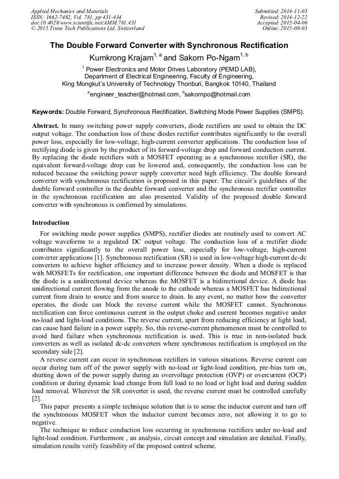 The Double Forward Converter with Synchronous Rectification ...