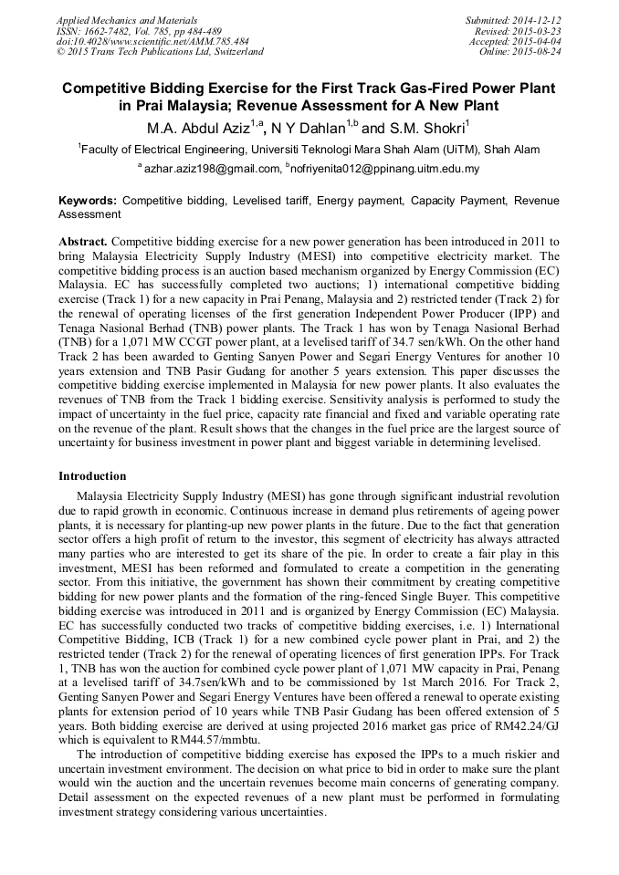 Competitive Bidding Exercise for the First Track Gas-Fired Power Plant ...
