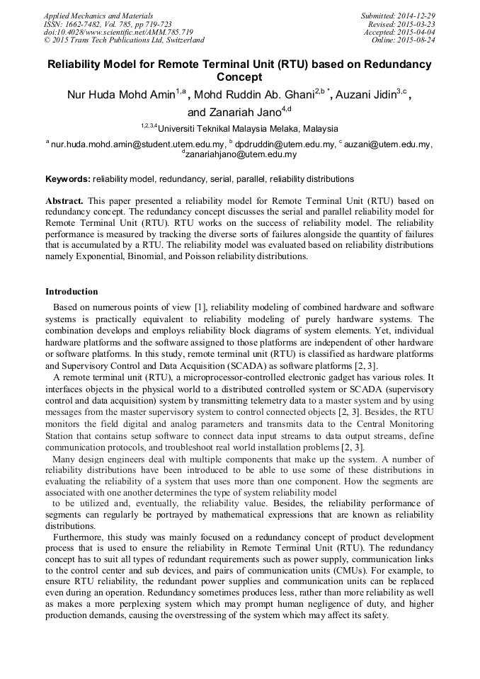 Reliability Model for Remote Terminal Unit (RTU) Based on Redundancy ...