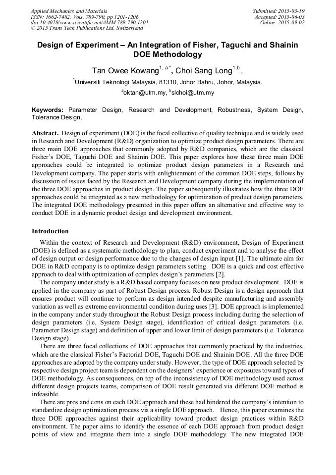 Design of Experiment – An Integration of Fisher, Taguchi and Shainin ...