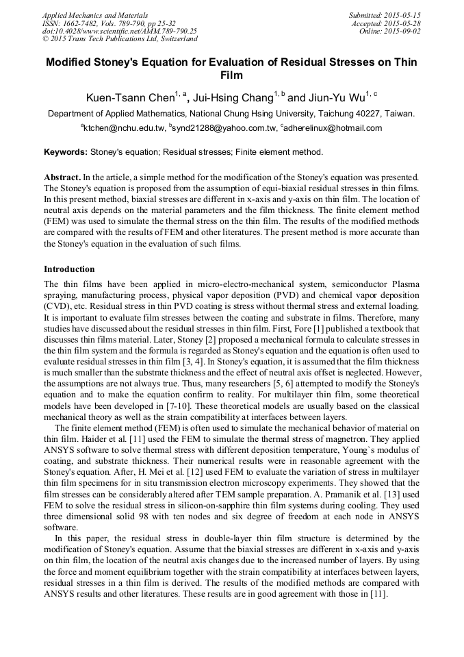 Modified Stoney's Equation for Evaluation of Residual Stresses on Thin ...