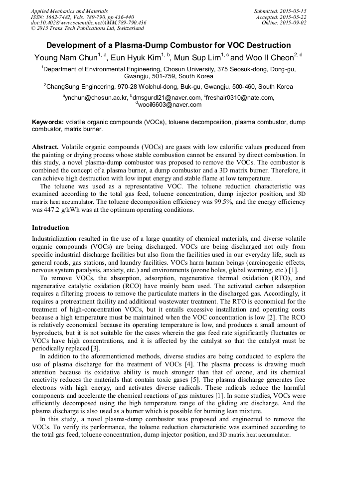 Development of a Plasma-Dump Combustor for VOC Destruction | Scientific.Net