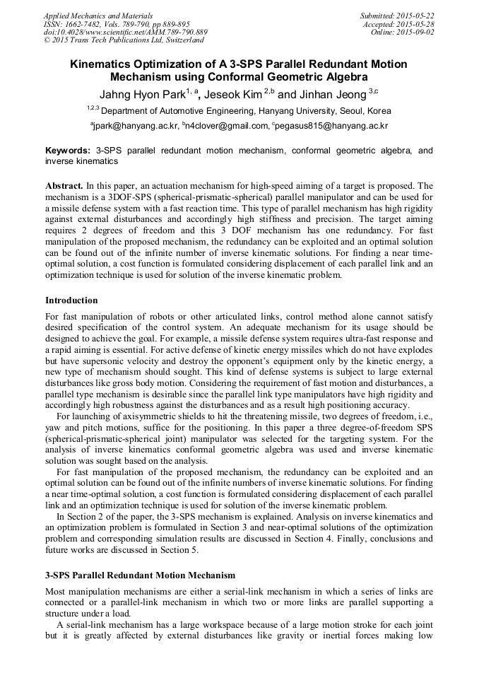 Kinematics Optimization of a 3-SPS Parallel Redundant Motion Mechanism ...