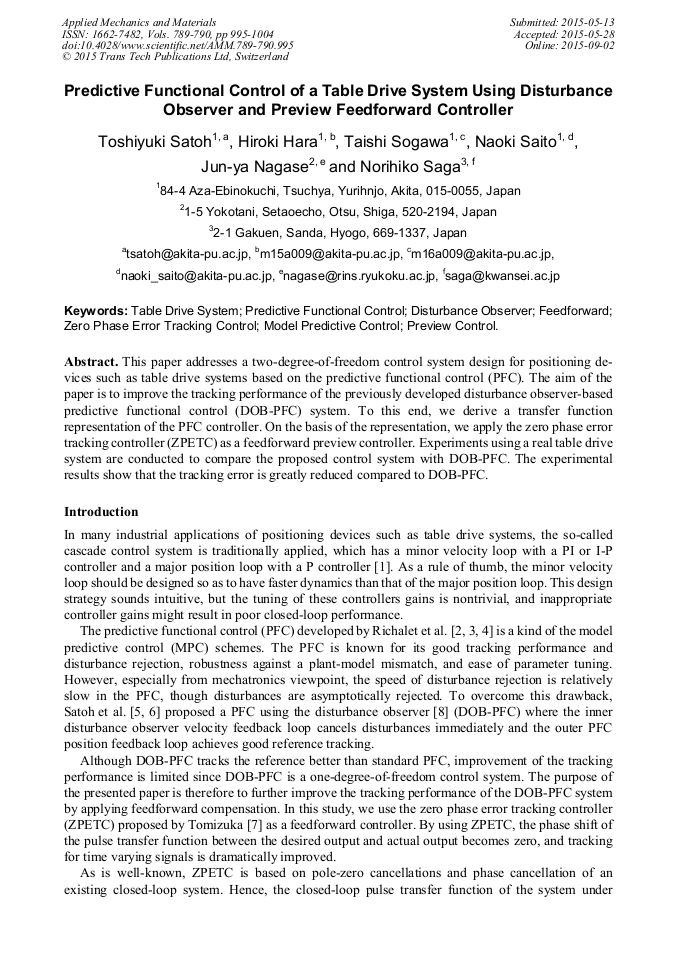 Predictive Functional Control of a Table Drive System Using Disturbance ...