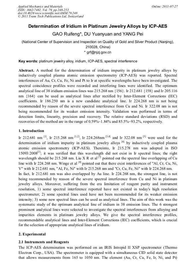 Determination of Iridium in Platinum Jewelry Alloys by ICP-AES ...
