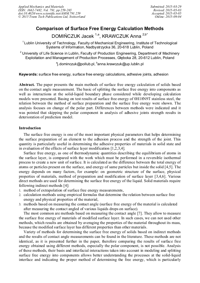 Comparison of Surface Free Energy Calculation Methods | Scientific.Net