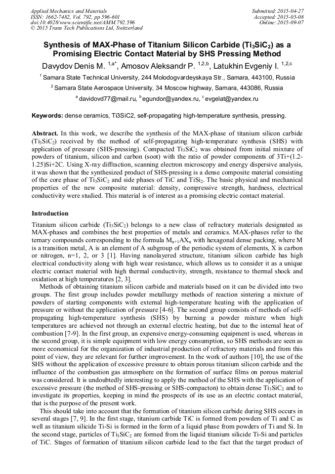 Synthesis of MAX-Phase of Titanium Silicon Carbide (Ti3SiC2) as a ...