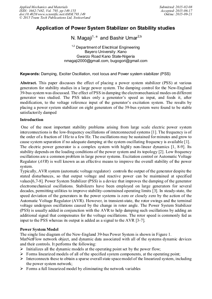 Application of Power System Stabilizer on Stability Studies ...