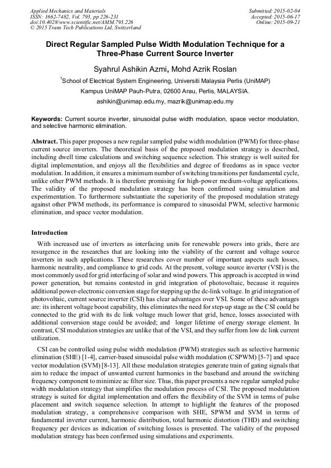 Direct Regular Sampled Pulse Width Modulation Technique for a Three-Phase Current Source ...