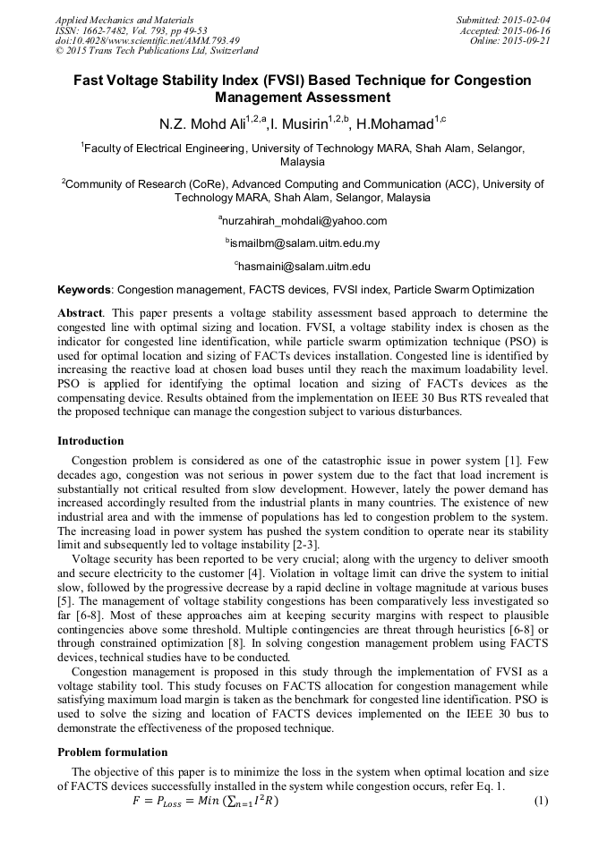 Fast Voltage Stability Index (FVSI) Based Technique for Congestion Management Assessment ...