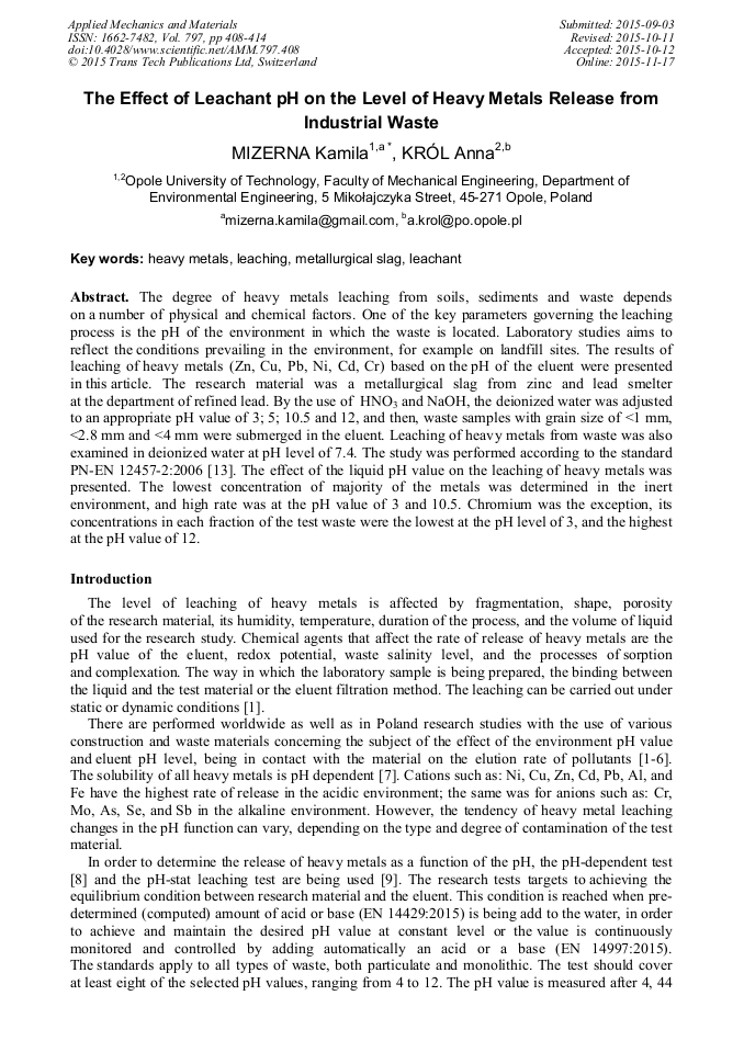 The Effect of Leachant pH on the Level of Heavy Metals Release from ...