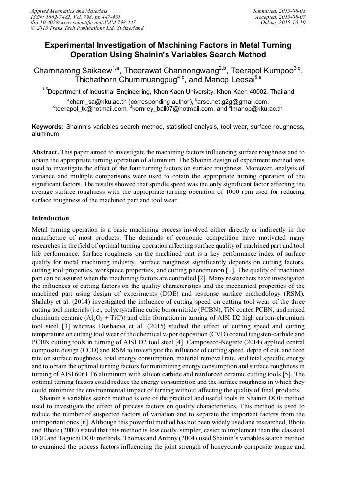 Experimental Investigation of Machining Factors in Metal Turning ...