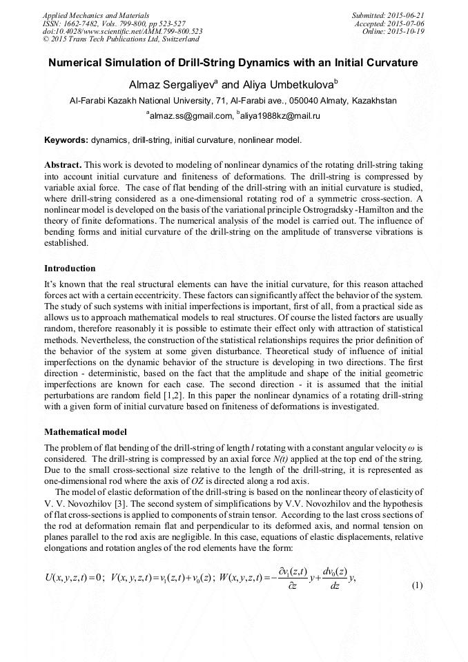 Numerical Simulation Of Drill String Dynamics With An Initial Curvature Scientificnet