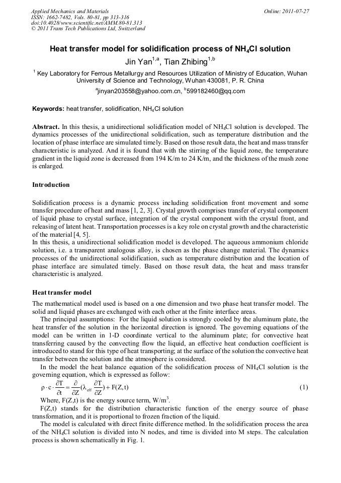 Heat Transfer Model for Solidification Process of NH4Cl Solution ...