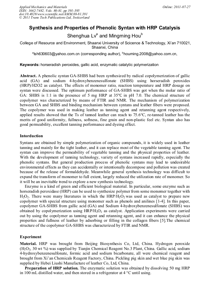Synthesis and Properties of Phenolic Syntan with HRP Catalysis ...