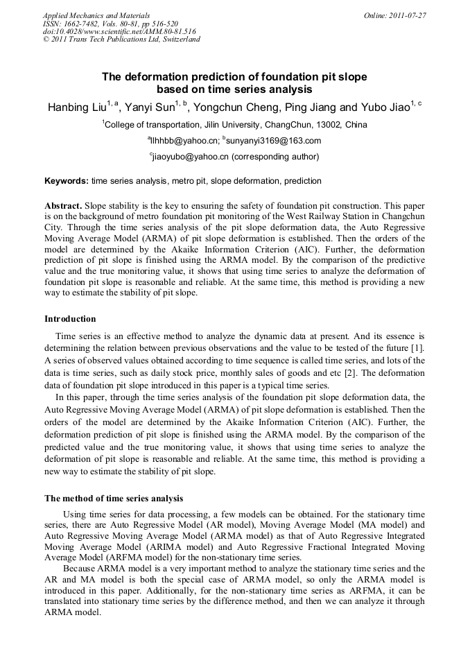 The Deformation Prediction of Foundation Pit Slope Based on Time Series ...