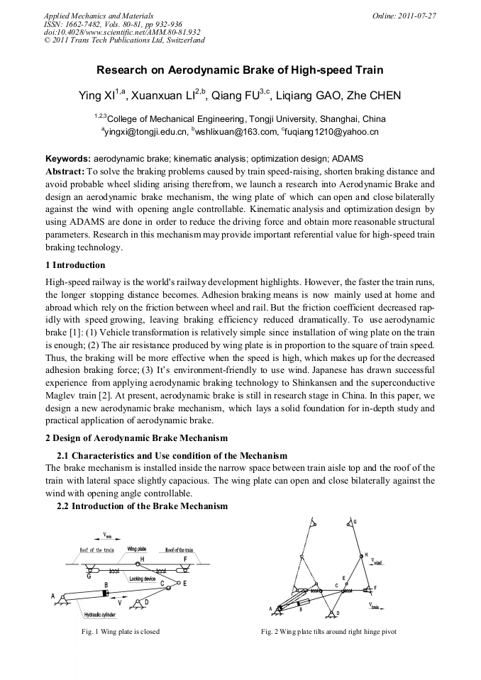Research on Aerodynamic Brake of High-Speed Train | Scientific.Net