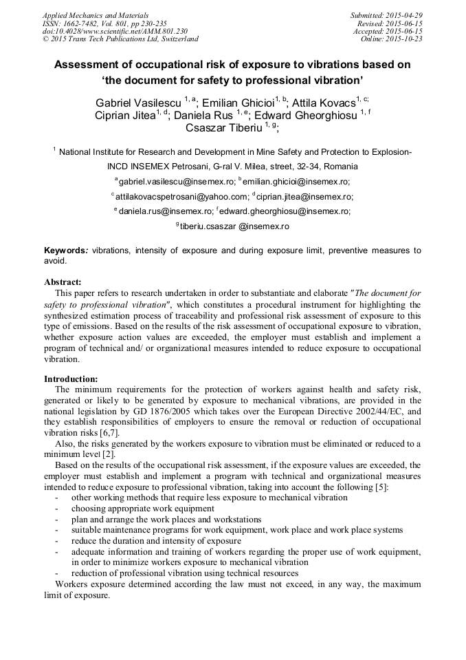 Assessment of Occupational Risk of Exposure to Vibrations Based on ‘The ...