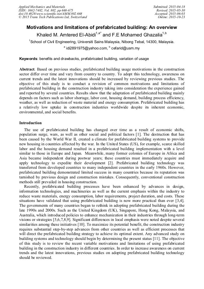Motivations and Limitations of Prefabricated Building: An Overview ...