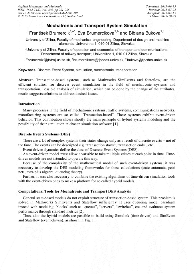 Mechatronic and Transport System Simulation | Scientific.Net